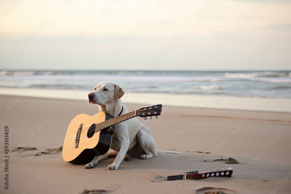 dog taking a break from music tours at beach with guitar in hand ...