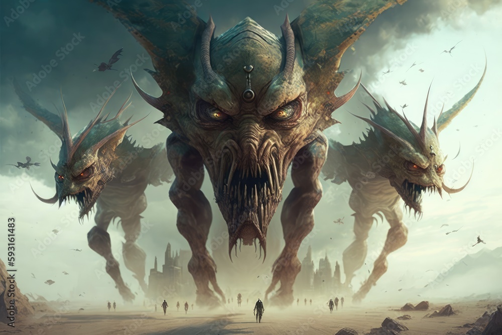 terrifying monster heads of fantastic creatures walking in air, created ...