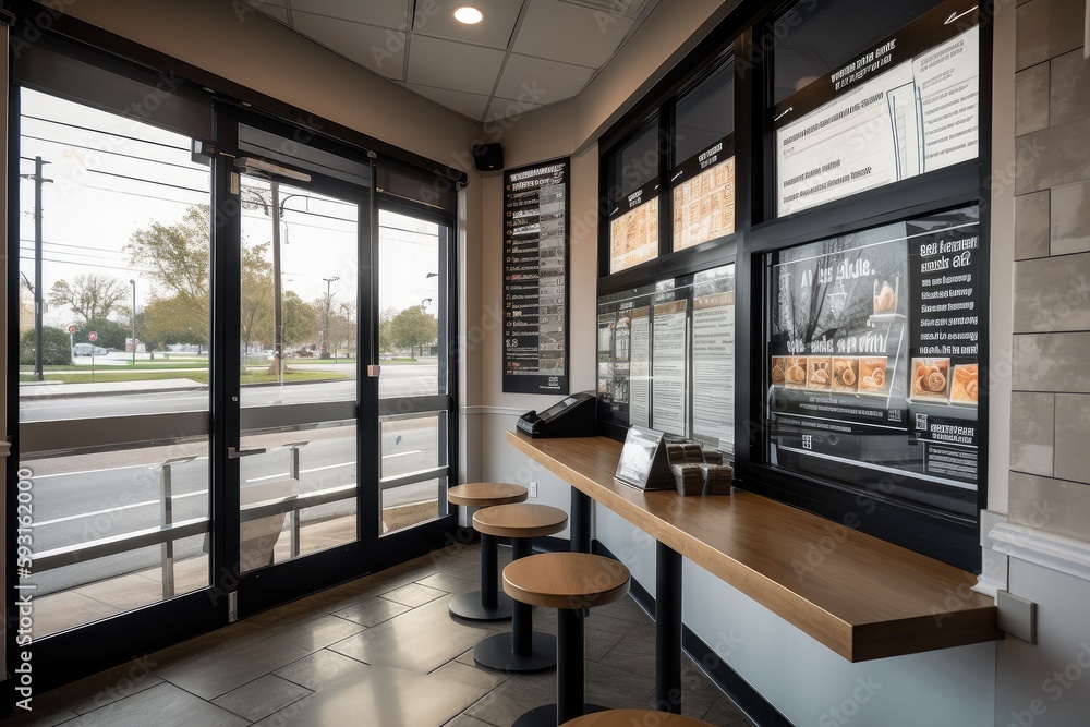 drive-thru window, with cashier and order board visible, for a drive ...