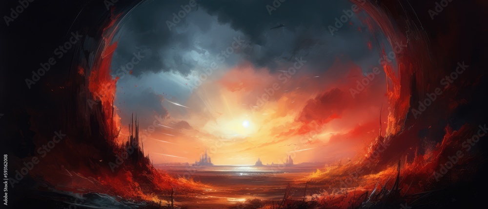 Netherworld wasteland with an eternal burning portal rift gate between ...