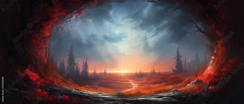 Netherworld wasteland with an eternal burning portal rift gate between ...