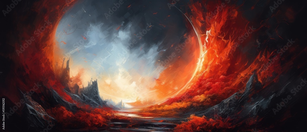 Netherworld wasteland with an eternal burning portal rift gate between ...