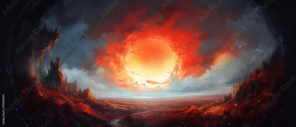 Netherworld wasteland with an eternal burning portal rift gate between ...