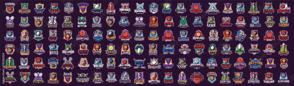 Mega set of sports logos. Emblems of team sports, logotypes with animal ...