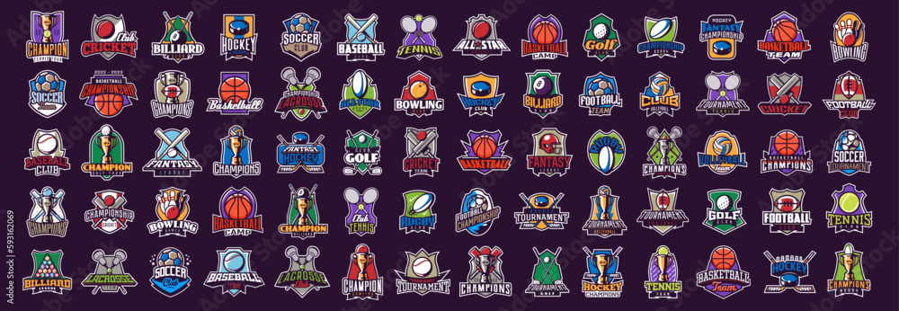 Mega set of sports logos. Vector sport emblems soccer, basketball ...