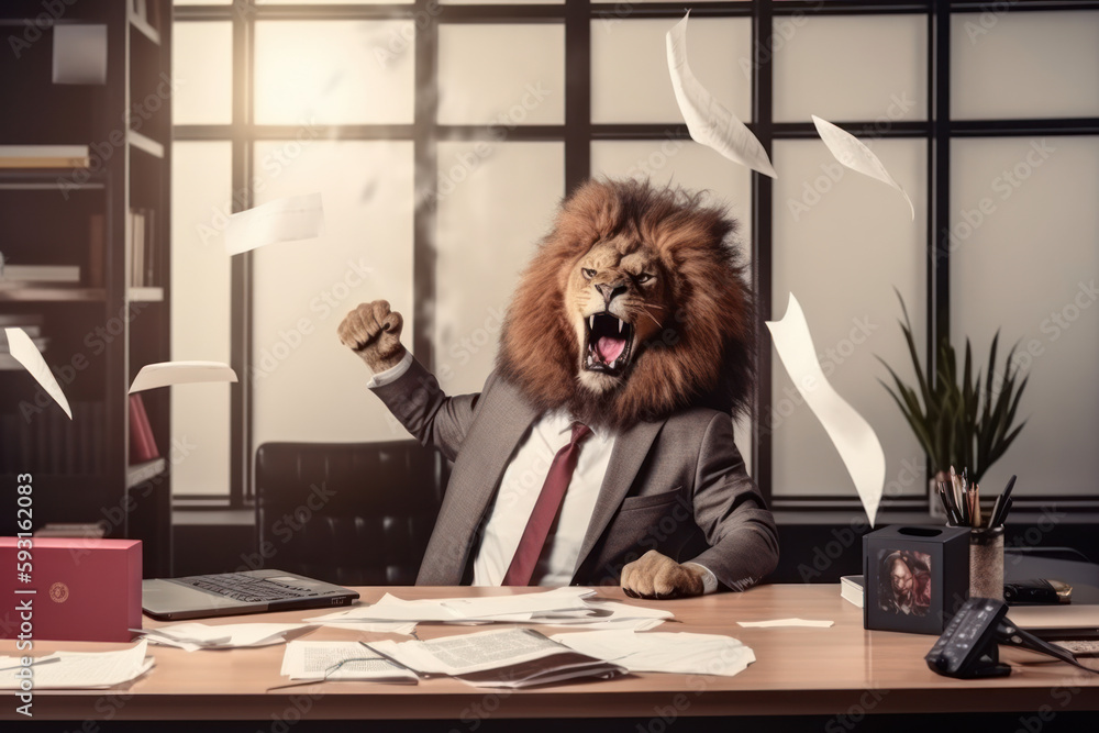Angry boss concept with lion in the suit. Mad manager with head of ...