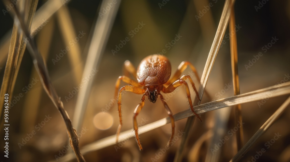 Tick Clinging to a Grass Straw, Revealing Intricate Details in a Vivid ...