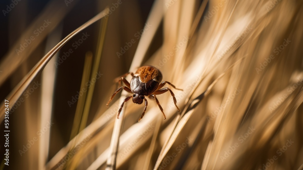 Tick Clinging to a Grass Straw, Revealing Intricate Details in a Vivid ...