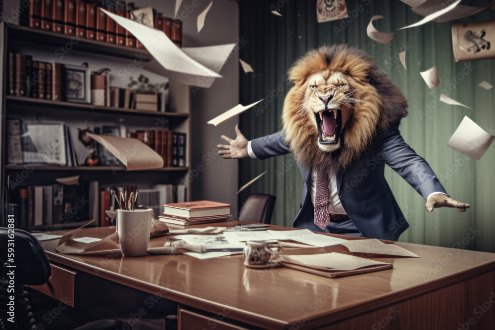 Angry boss concept with lion in the suit. Mad manager with head of ...