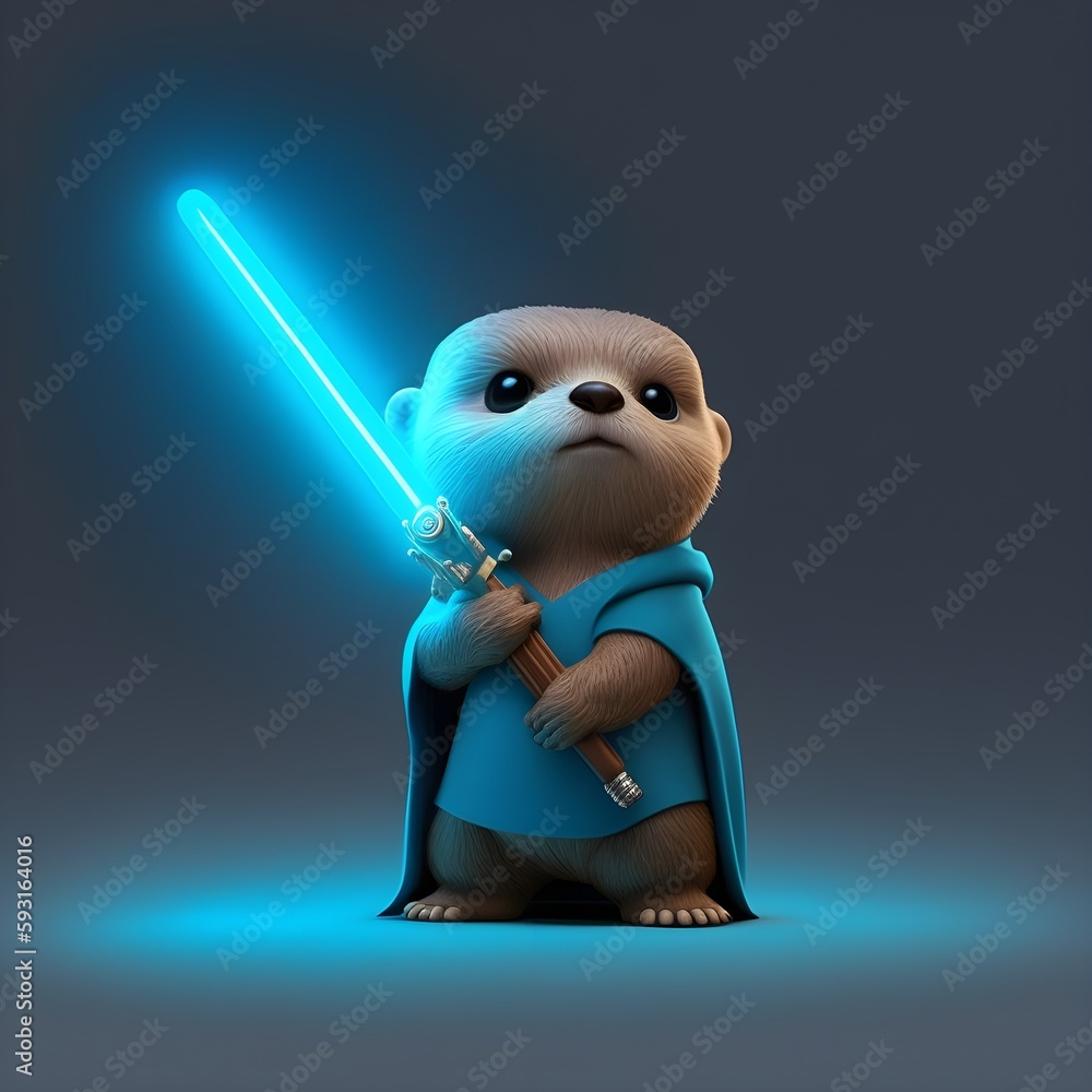 cute otter as a jedi knight with blue lightsaber as pixar character ...
