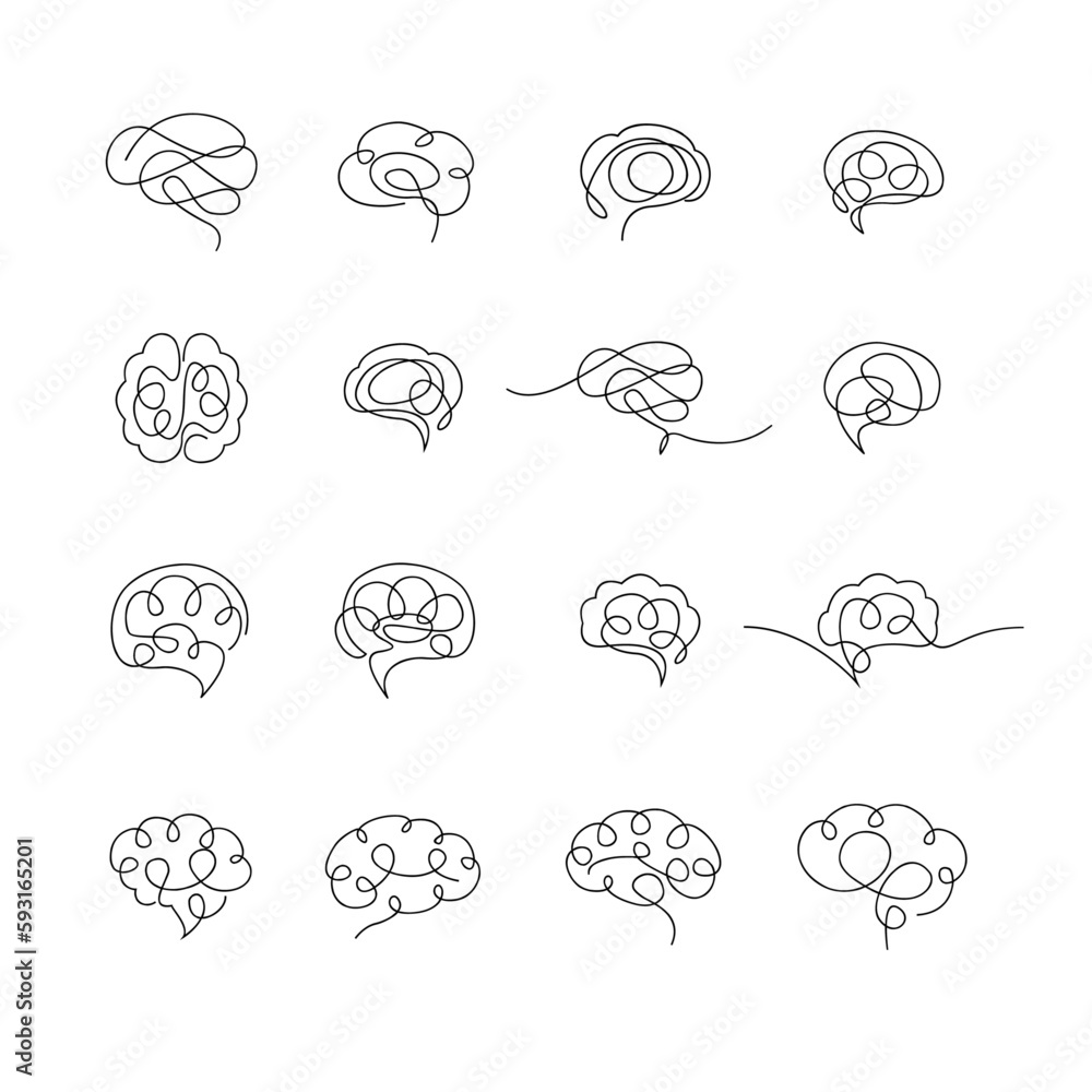 Brain icon continue single line illustration set collection template ...