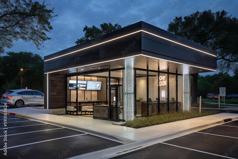 modern drive-thru restaurant with sleek design and interactive kiosks ...