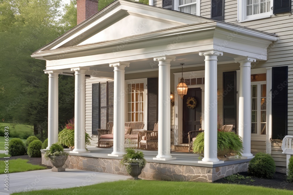 colonial house exterior with wide front porch, pillars, and lanterns ...