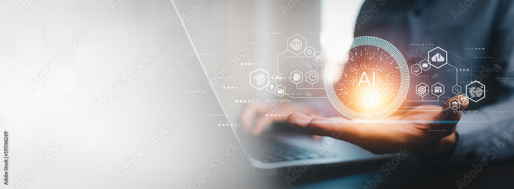 Programmer people working laptops or smartphones with AI, artificial ...