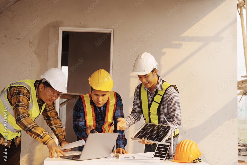 Team of engineer and worker checking construction site outdoors ...