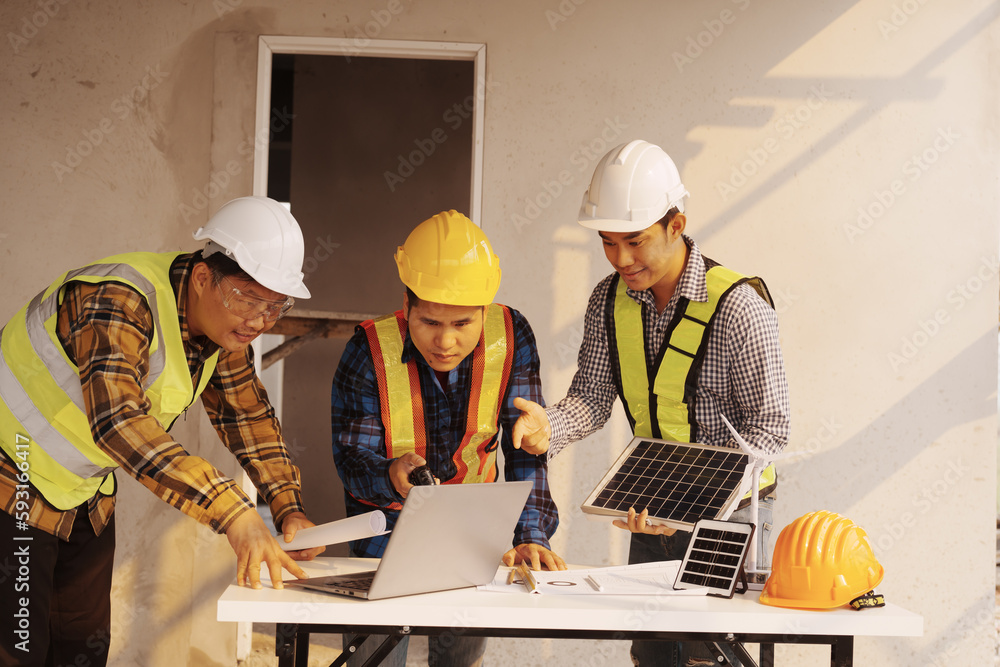 Team of engineer and worker checking construction site outdoors ...