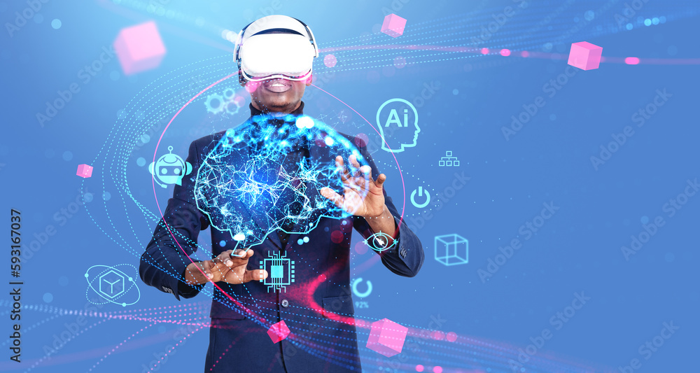 Black man in vr glasses working in metaverse, AI communication h Stock ...