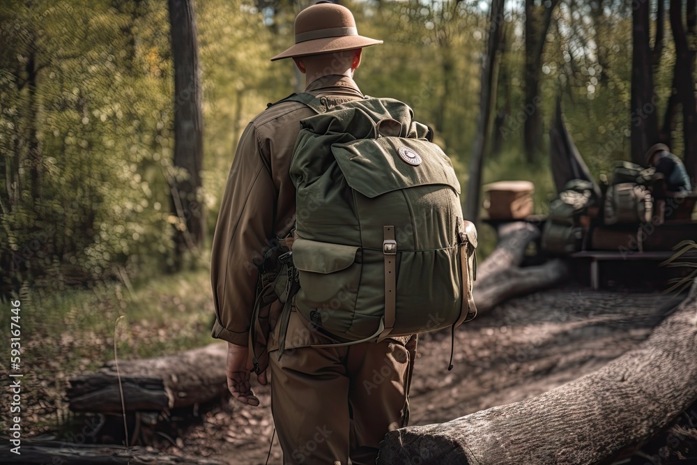 military backpack being worn by park ranger, ready to explore the ...