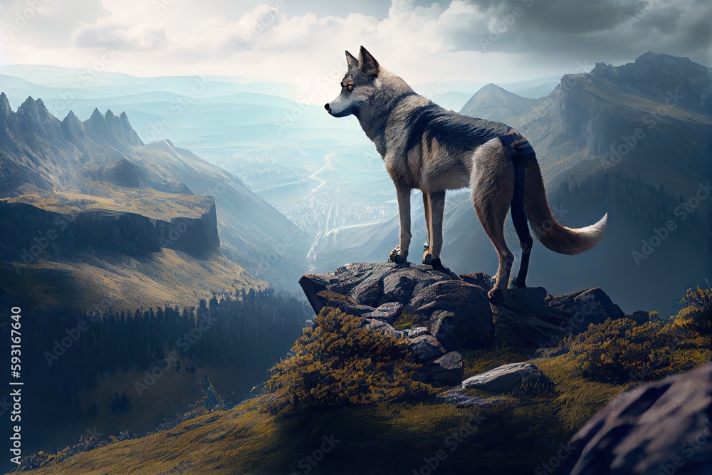 wolf surveying the valley below, with a view of its territory and pack ...