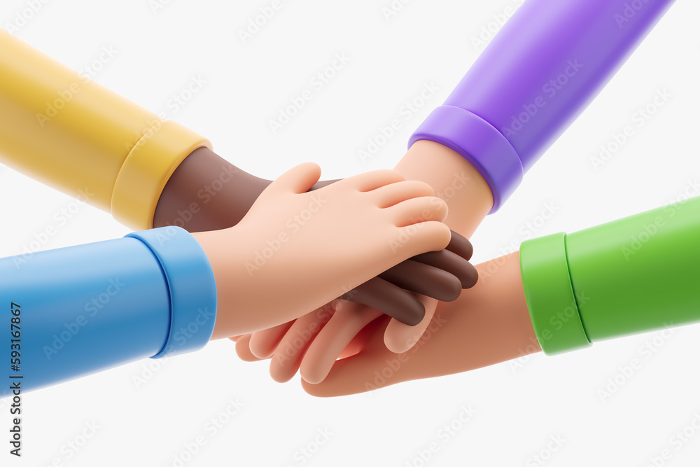 3d rendering. Cartoon characters hands on hands, cooperation and ...