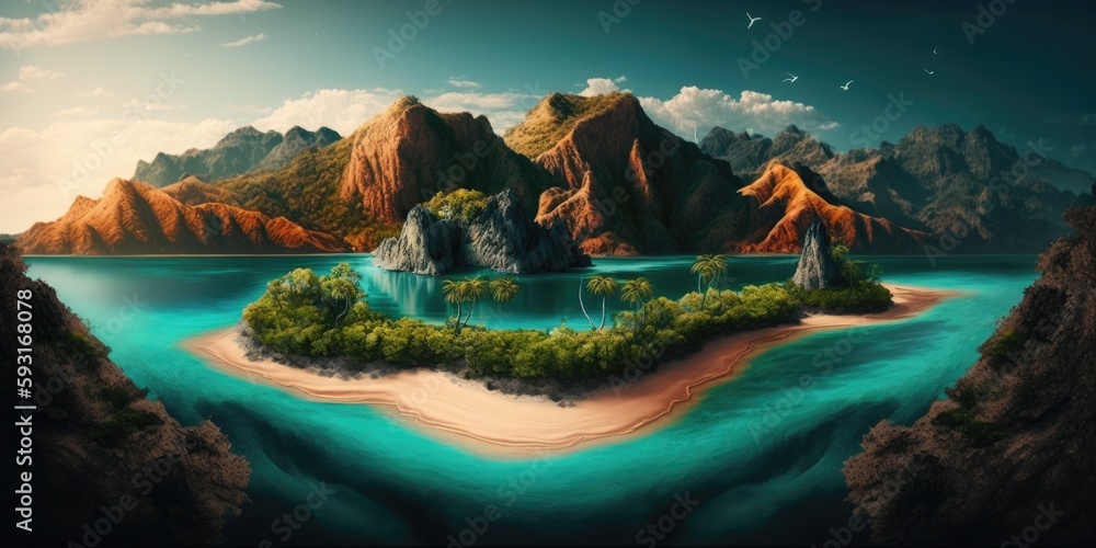 In the sea, a lovely island. Utopian paradise with turquoise colored ...