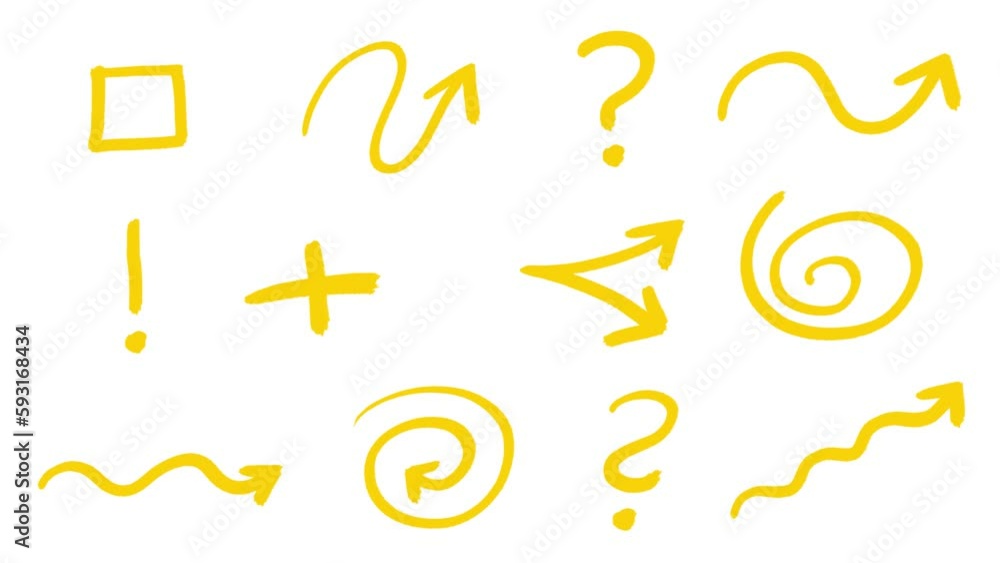 Arrows set 3 animated hand drawn yellow on white background. Slow ...