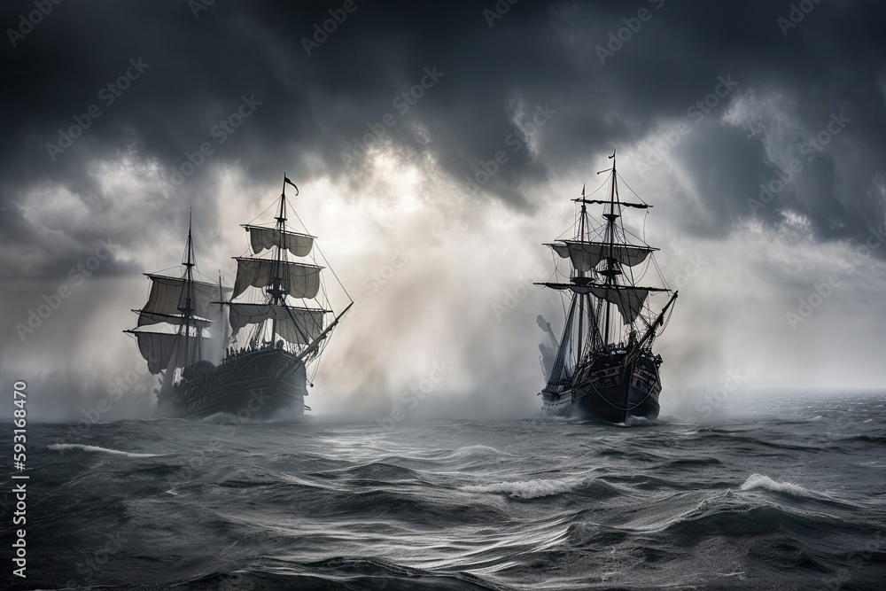 battle of two pirate ships in the stormy sea, with cannon fire and ...