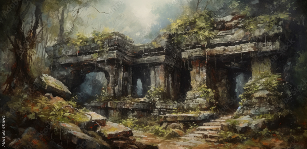 Ancient stone archway gate in ruins, last remnants of mossy stone built ...