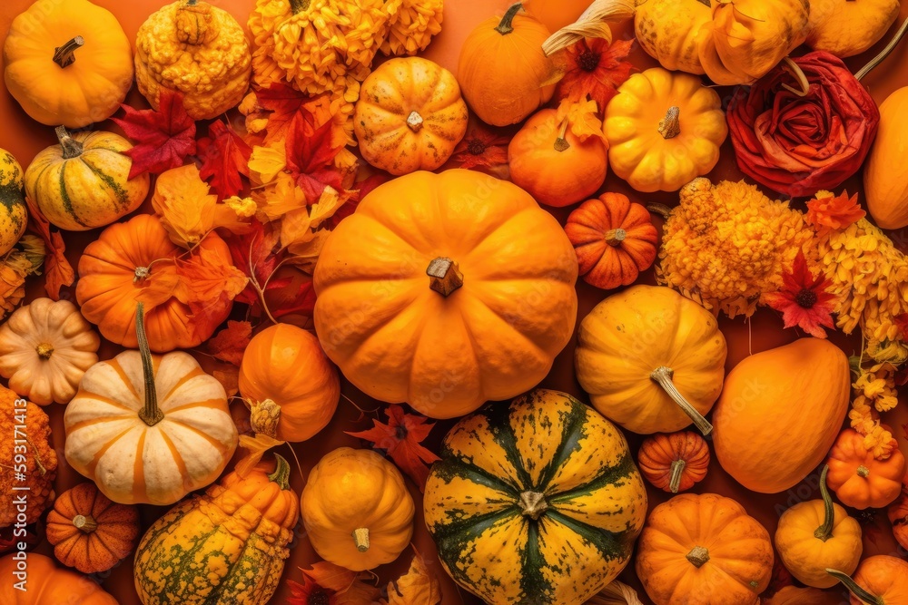 Pumpkins and other fall-themed items are shown in the seasonal autumn ...