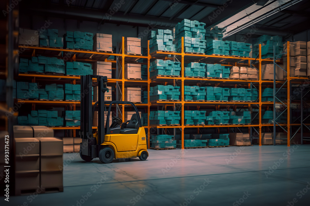 Working on a forklift in a modern automated warehouse. The boxes are on ...
