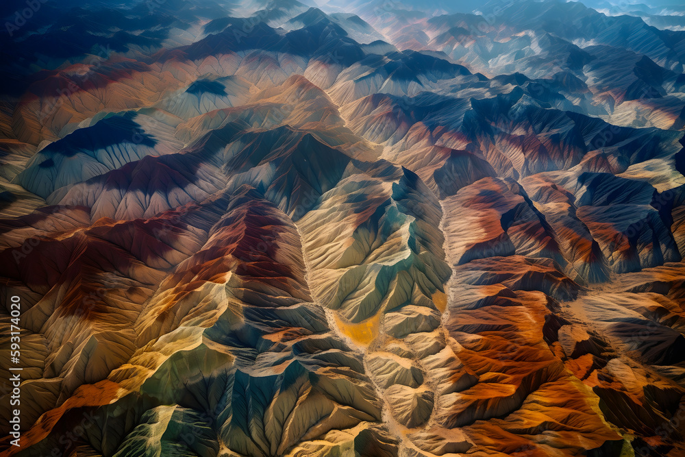 Mountain relief with ridges and faults in the earth's crust, view from ...