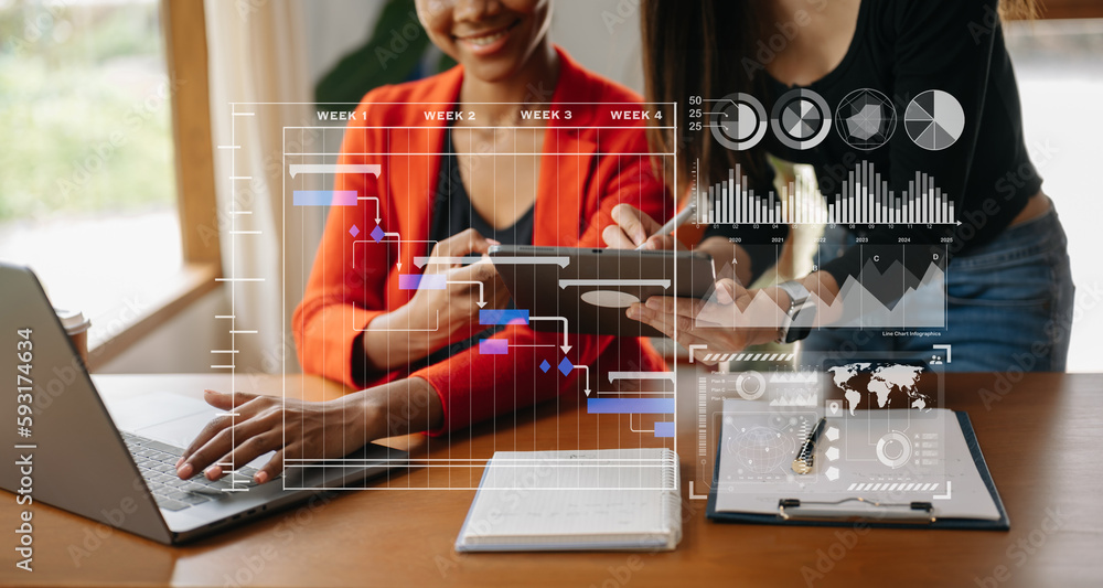 Businessman hand Project manager working and update tasks and Gantt ...