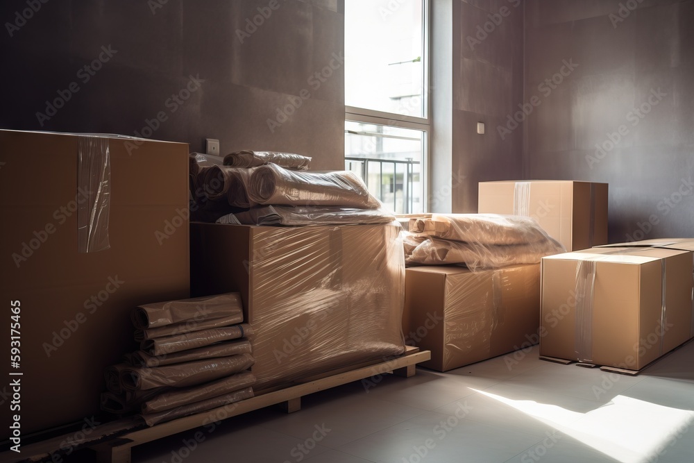 a room filled with boxes and boxes on pallets next to a window ...