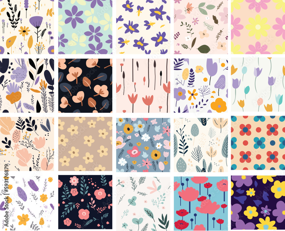 set flower seamless,floral leaf, botany, hand drawn,doodle, patterns ...