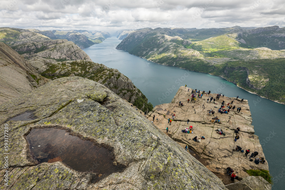 View on pulpit rock from above, standing on the surrounding mountains ...