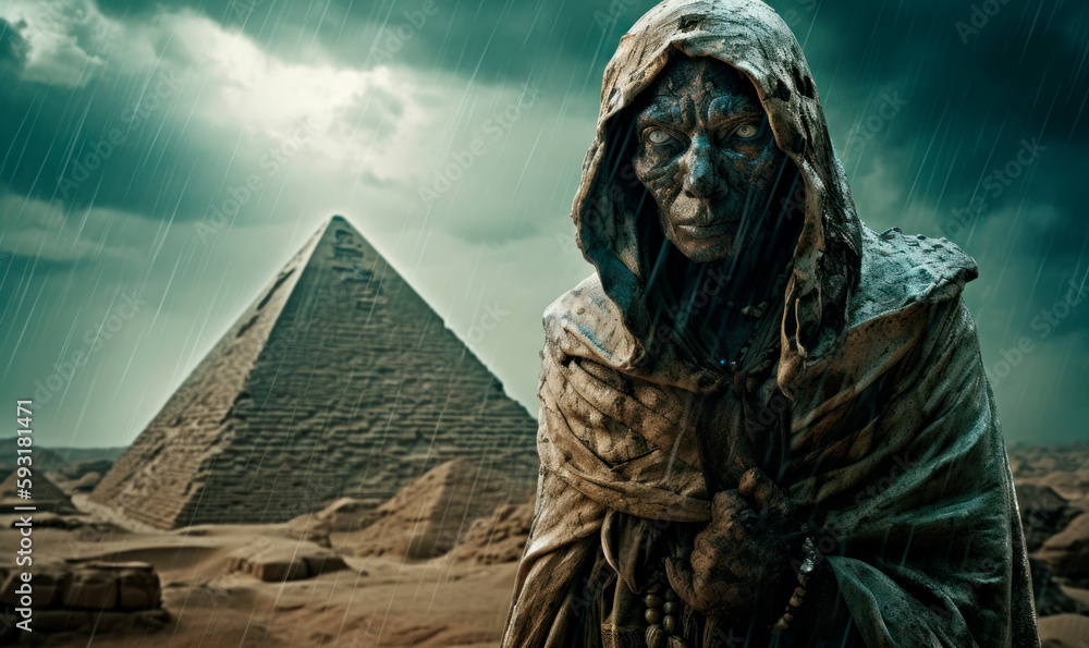 Scary mummy standing in front of the pyramids. Generative AI Stock ...