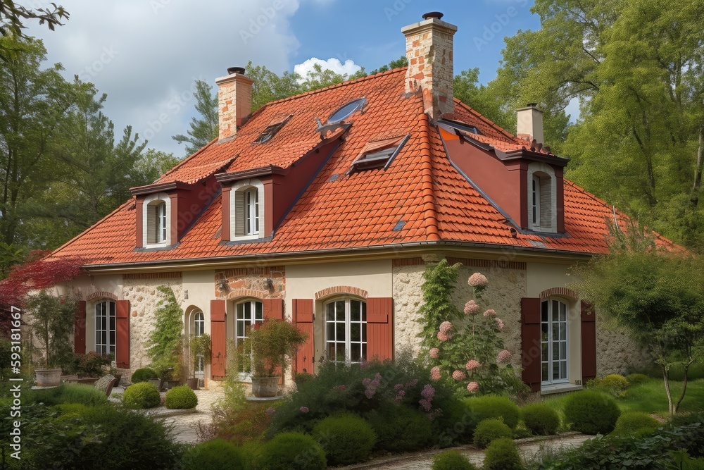 french country house roof with bold red tile roof and dormer windows ...