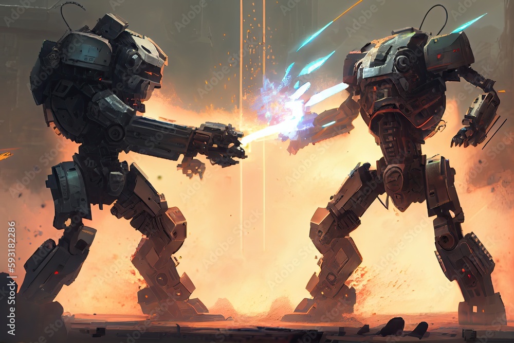 a battle between two robots, each equipped with laser guns and ...