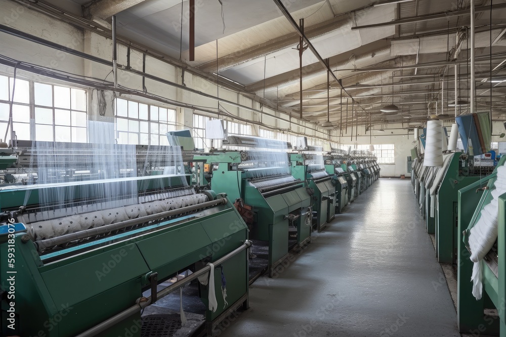 textile factory, with rows of machines producing fabric and garments ...