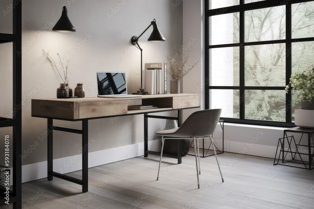industrial desk, with metal legs and minimalist design, in sleek office ...
