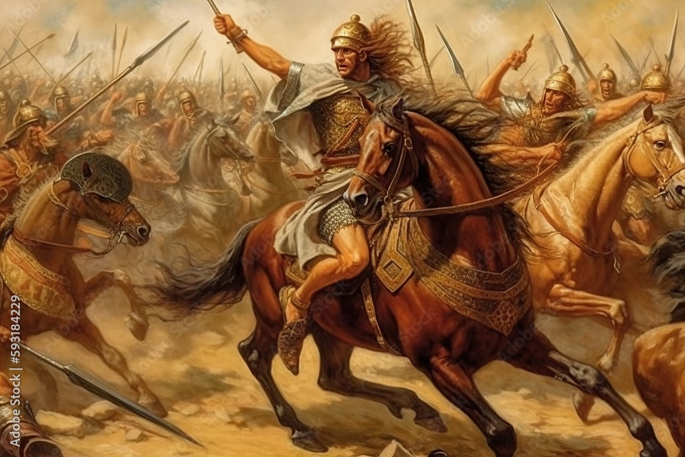 Alexander the Great riding horseback, wielding a sword mid-battle ...
