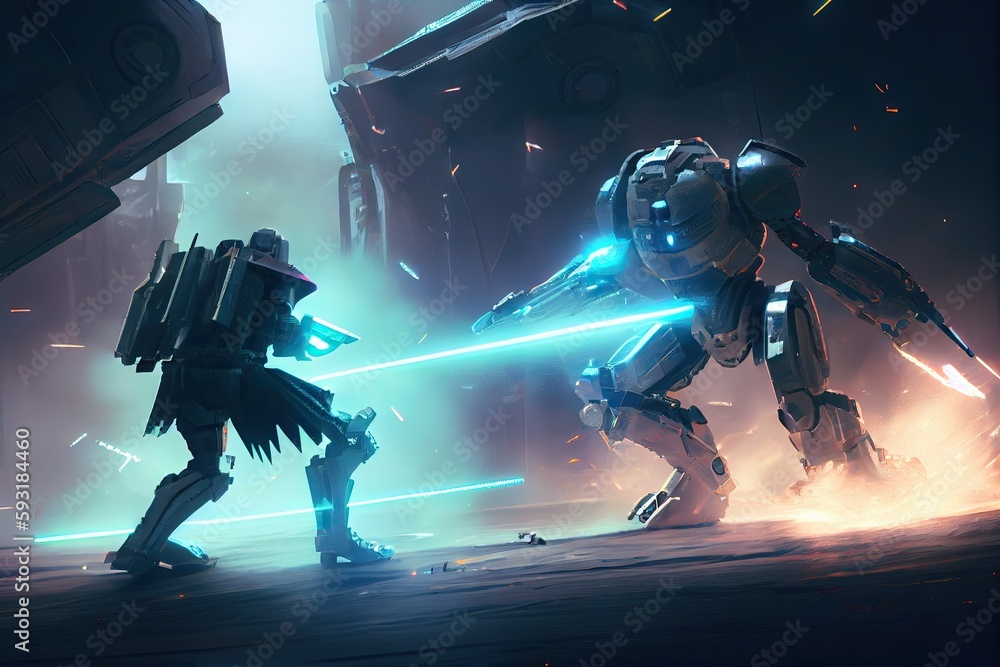 sci-fi scene, with two robots engaged in epic battle, shooting lasers at each other, created ...