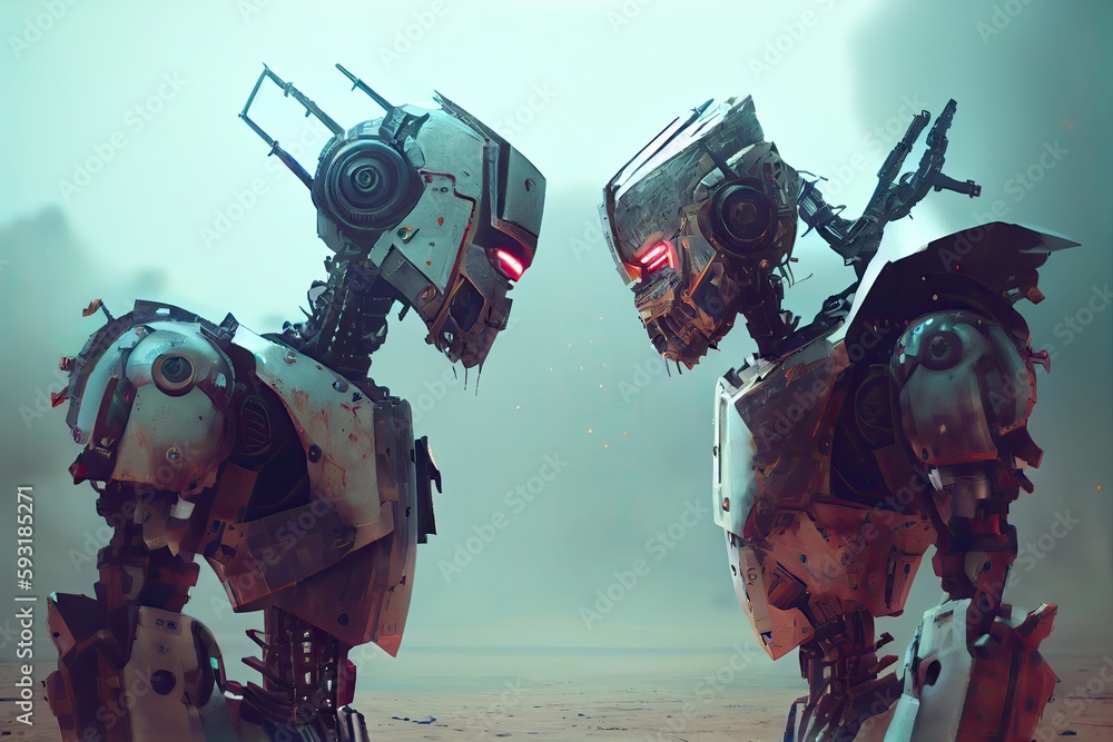 two robots, one with its head and arms torn off, face each other in ...