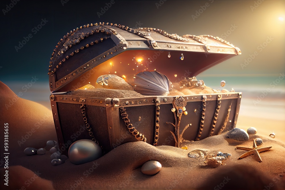 treasure chest buried in the sand, with a glimpse of sparkling jewels ...