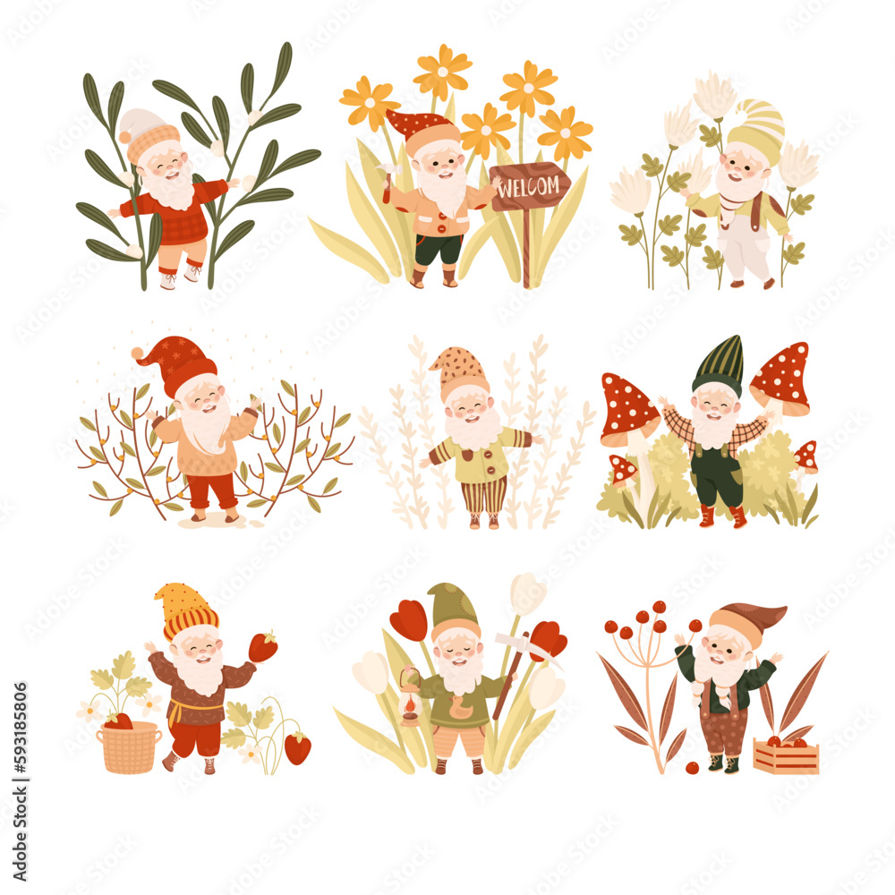 Cute garden gnomes set. Joyful fairy tale bearded dwarf elves working ...
