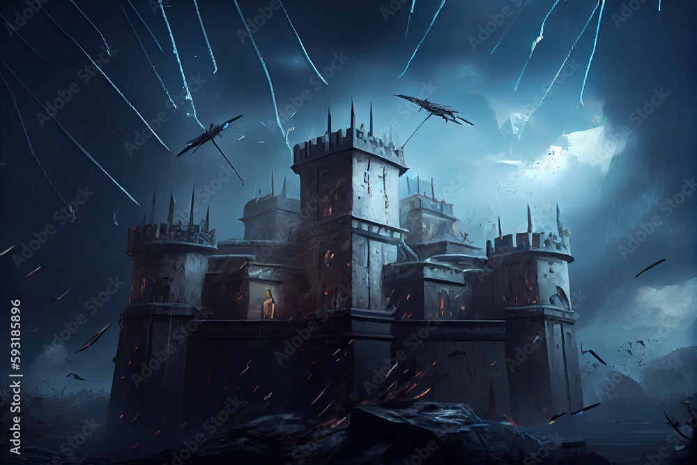 castle under siege, with barrage of arrows and other projectiles ...