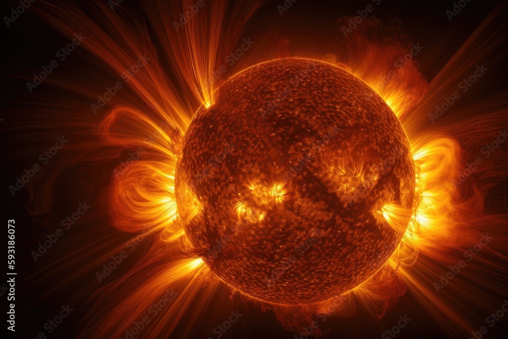 solar flare, with view of the sun's surface and active regions visible ...