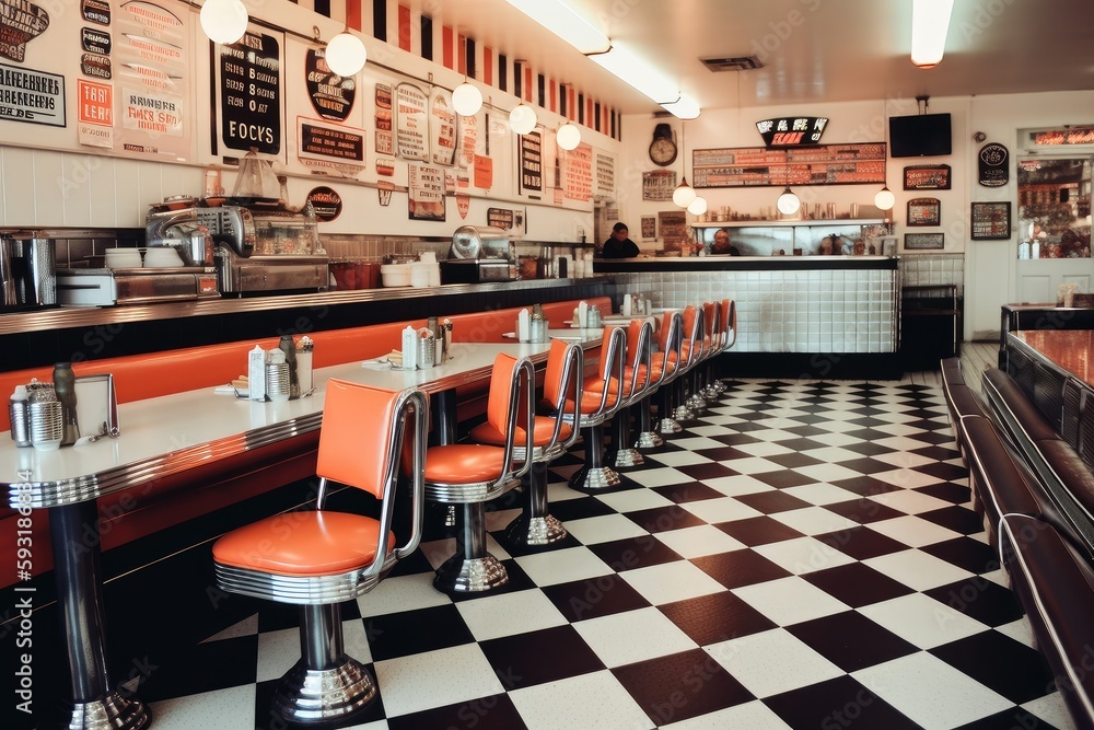 fast food restaurant with retro, diner-inspired interior, featuring ...