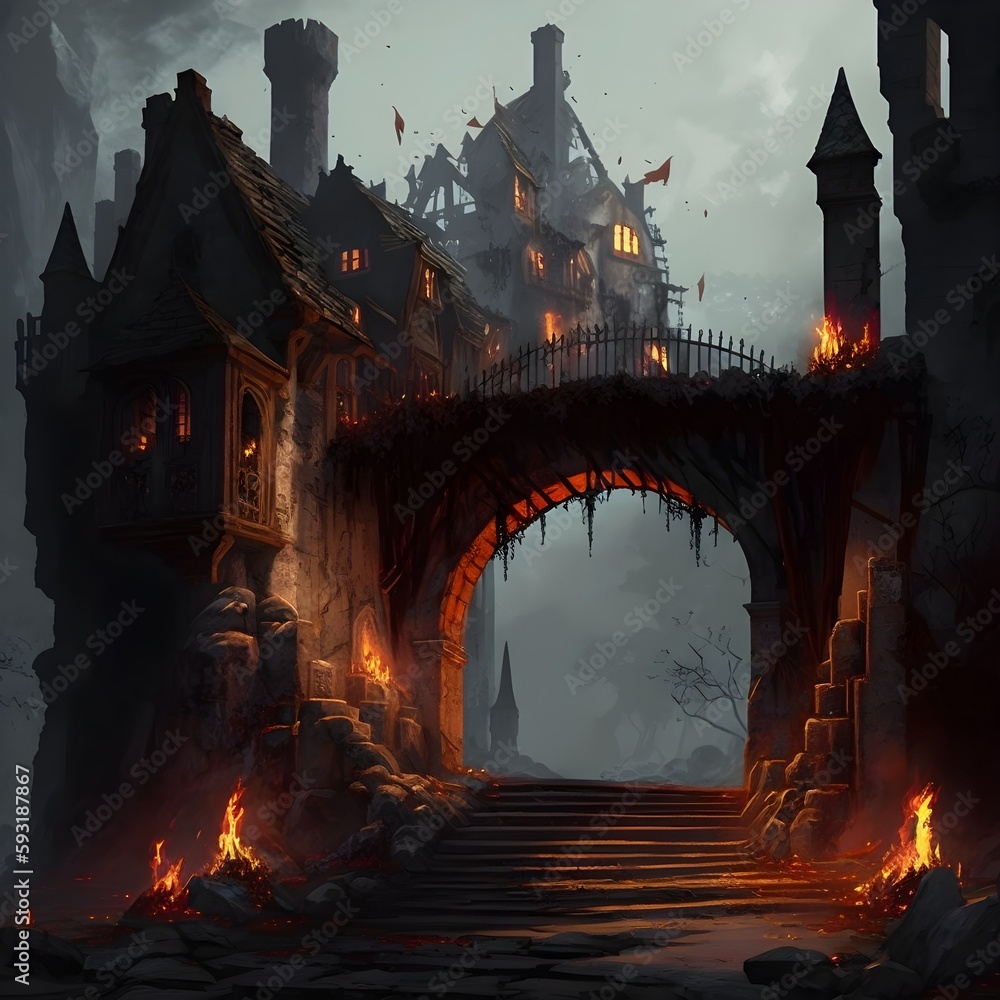 medieval castle town very detailed with bridge path to hell gate tower ...