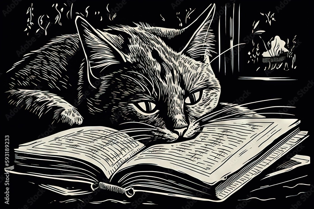 Cat Reading A Book Drawing